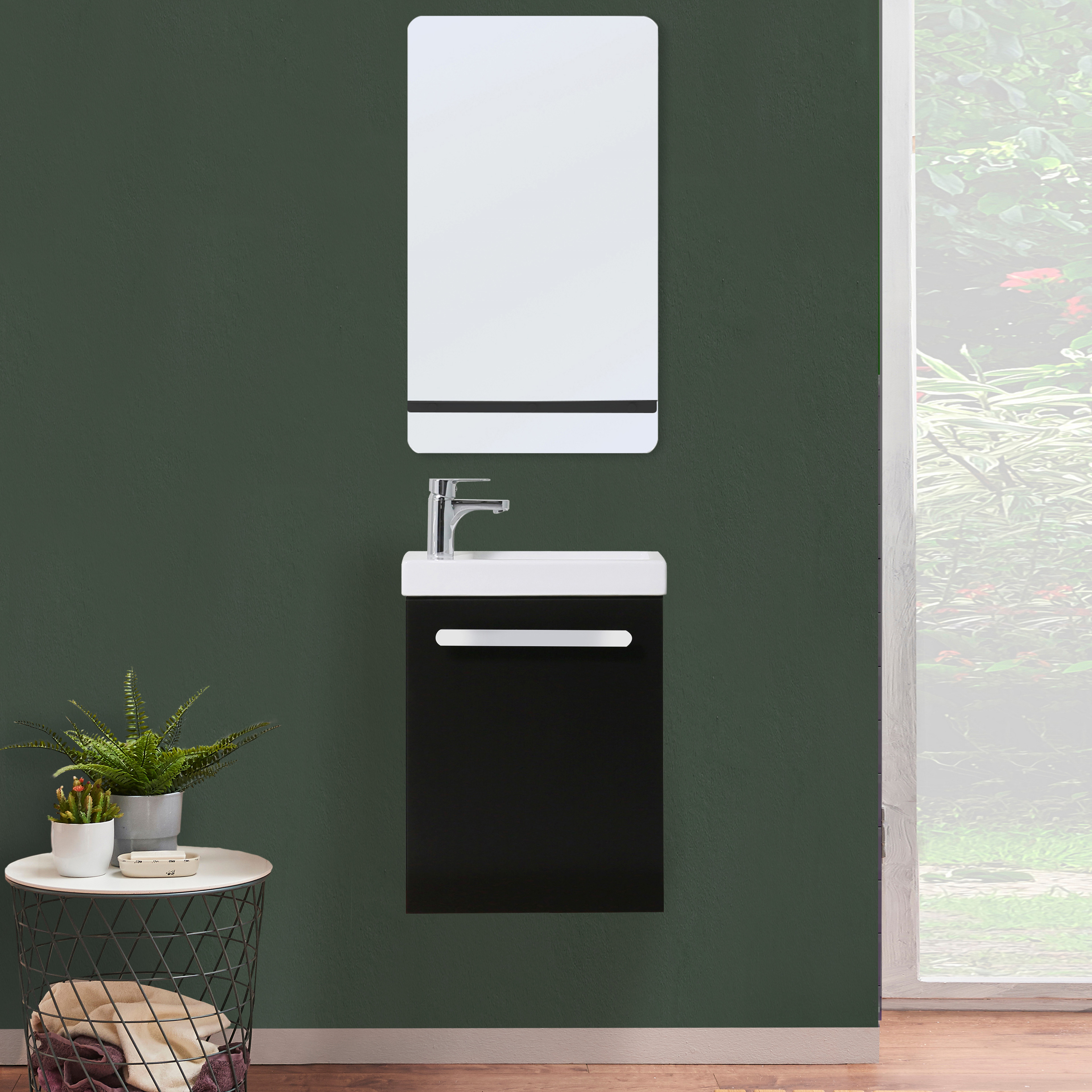 Meuble lave mains noir carbone NEVADA avec robinet chromé et miroir ...